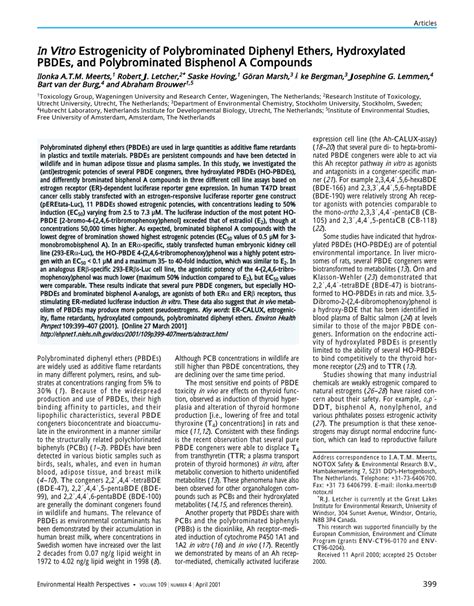 Pdf In Vitro Estrogenicity Of Polybrominated Diphenyl Ethers Pbdes And Hydroxylated Pbdes