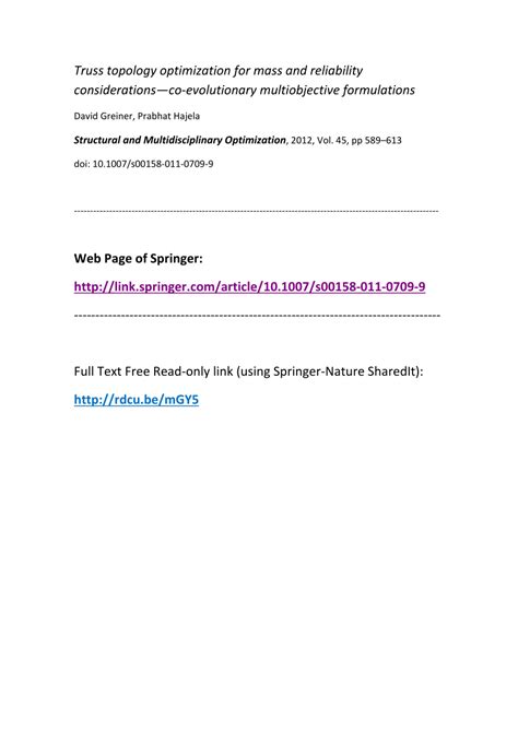 Pdf Truss Topology Optimization For Mass And Reliability Considerations Co Evolutionary