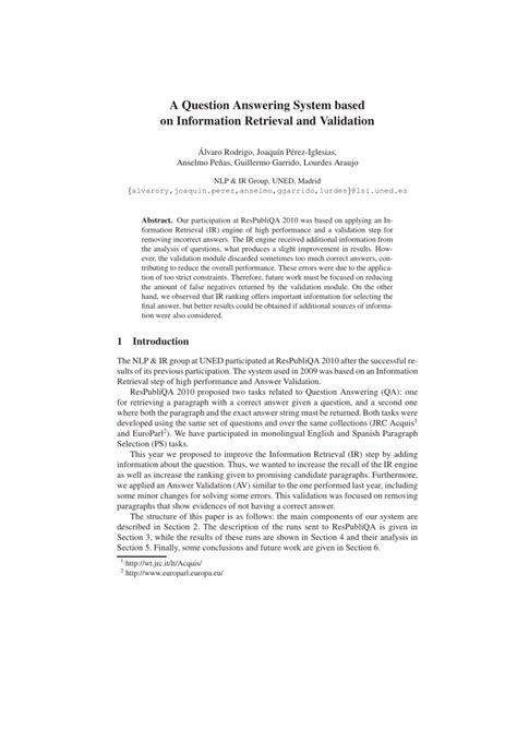 Pdf A Question Answering System Based On Information Retrieval And Validation