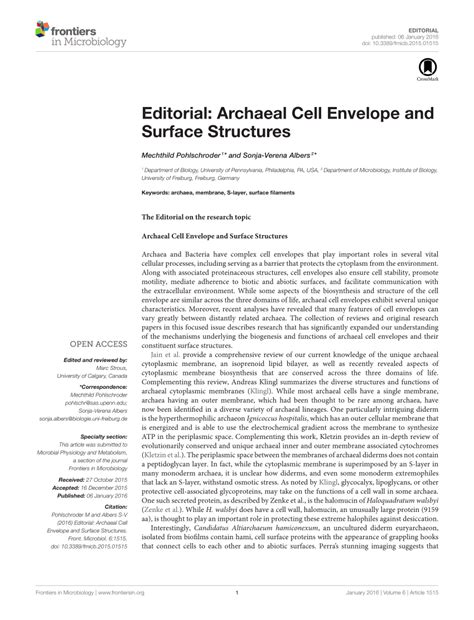 Pdf Editorial Archaeal Cell Envelope And Surface Structures