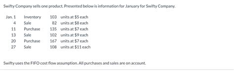 Solved Swifty Company Sells One Product Presented Below Is