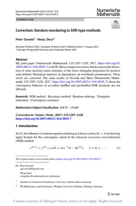 correction random reordering in sor type methods