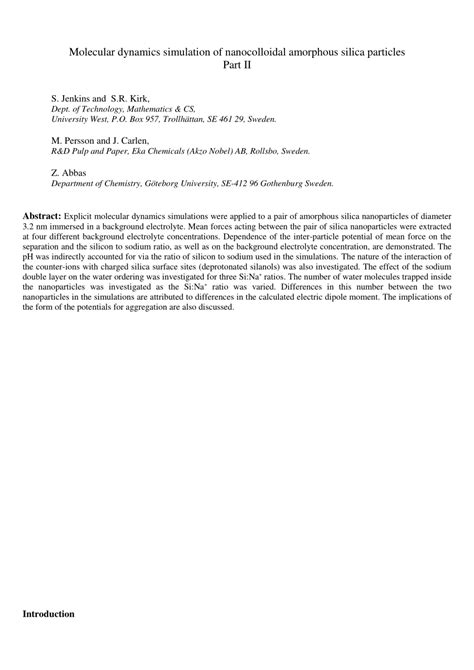 Pdf Molecular Dynamics Simulation Of Nanocolloidal Amorphous Silica