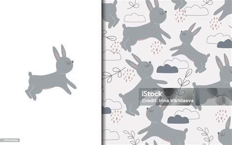 토끼와 벡터 원활한 배경과 그림의 집합 옷 인테리어 디자인 포장 인쇄에 인쇄를위한 만화 손으로 그린 스타일로 벡터 아기 그림