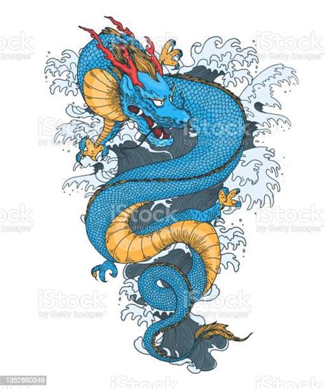 바다 파도와 중국 용 손으로 그린 벡터 일러스트 문신 인쇄 티셔츠 프린트 패브릭 및 기타 용도에 대한 손으로 그린 스케치 일러스트레이션 용에 대한 스톡 벡터 아트 및 기타