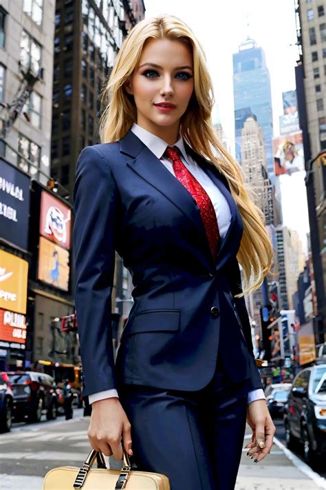 Blonde Woman In A Suit And Tie With A Briefcase On A City Street