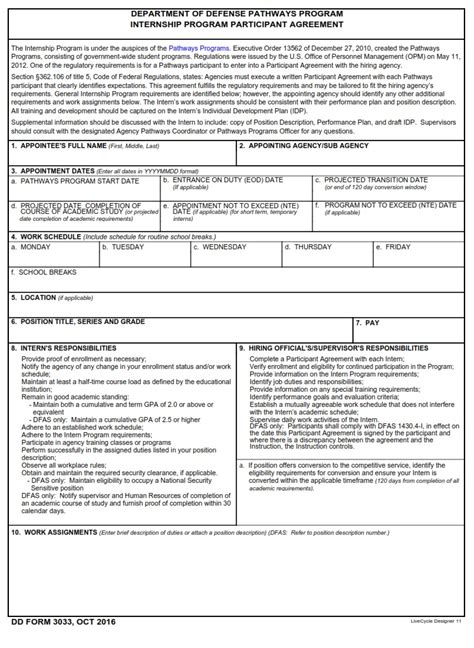 Dd Form 3033 Department Of Defense Pathways Internship Program Participant Agreement Dd Forms