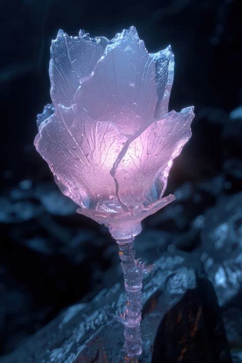 A Glowing Ice Like Rose Emerging From Dark Rocks Creating A Mystical Atmosphere Stock