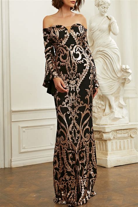 Wholesale Black Gold Sexy Formal Patchwork Sequins Backless Off The