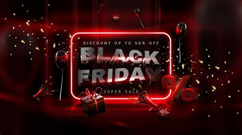 블랙 프라이데이 배경에는 빨간색 사각형 프레임과 네온 조명 효과와 보케에 사실적인 선물 상자 요소와 풍선이 있습니다 할인 라벨 템플릿 디자인 벡터 그림입니다 호화로움에 대한