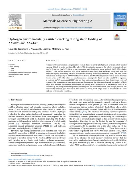 PDF Hydrogen Environmentally Assisted Cracking During Static Loading Of AA And AA