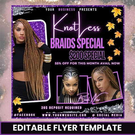 Knotless Braids Flyer Customizable Braiding Pricelist Canva Template