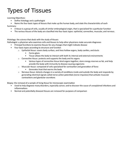 Types Of Tissues Lecture Notes Types Of Tissues Learning Objectives Define Histology And