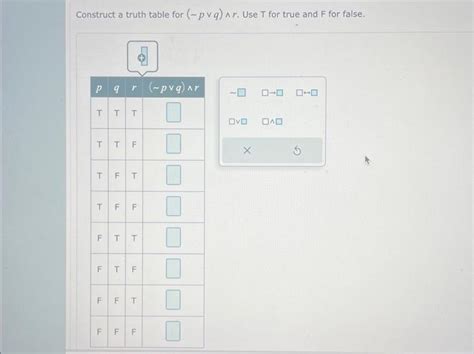 solved construct a truth table for ~pvq r use t for true