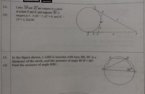 Solved Lines And Are Tangent To A Circle At Points D And Chegg