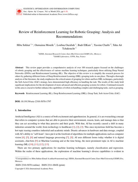 Pdf Review Of Reinforcement Learning For Robotic Grasping Analysis And Recommendations