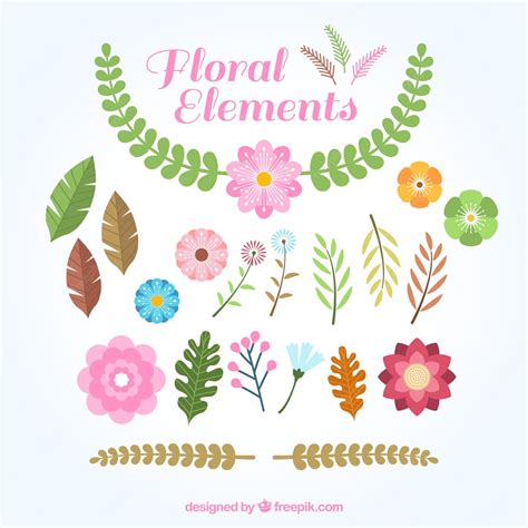 귀여운 꽃과 잎의 구색 무료 벡터