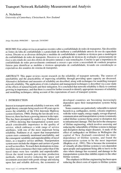 Pdf Transport Network Reliability Measurement And Analysis