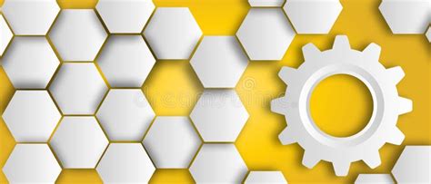 White Hexagon Structure Gears Header On Yellow Background Stock