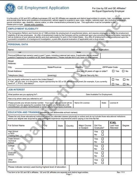 General Electric Application Form Printable Pdf Job Application