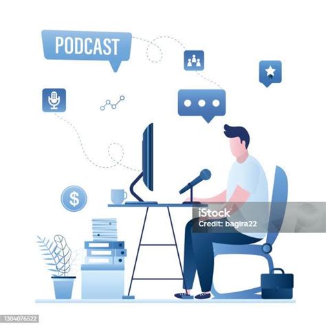 직장에서 라디오 호스트 미디어 호스팅 잘 생긴 남자 팟 캐스터 팟 캐스트 비문이있는 명판 작업 공간에서 브로드캐스터 남자에 대한 스톡 벡터 아트 및 기타 이미지 Istock