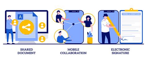 공유 문서 모바일 협업 작은 사람들과 전자 서명 개념 디지털 문서 추상 벡터 일러스트레이션 세트입니다 원격 동료 연결 계약 서명 은유 개념에 대한 스톡 벡터 아트 및 기타