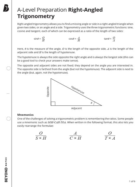 A Level Preparation Right Angled Trigonometry Pdf Trigonometry Trigonometric Functions