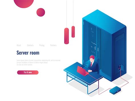 Free Vector Server Room Networking Isometric Icon Landing Page Of System Administrator