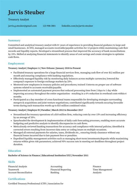 Treasury Analyst Resume CV Example And Writing Guide