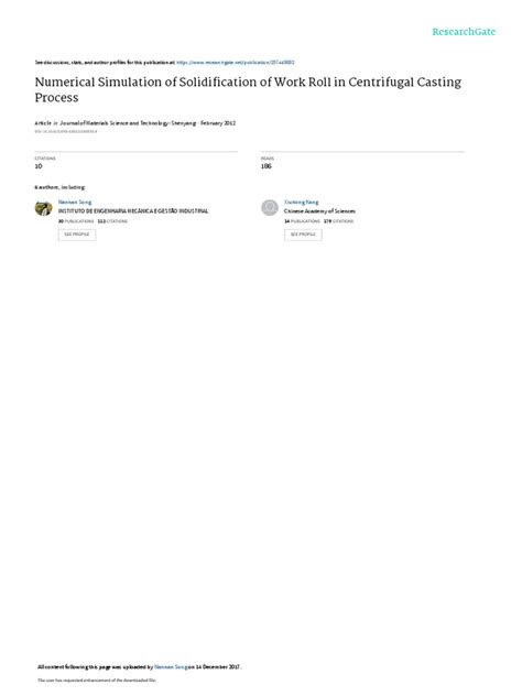 Numerical Simulation Of Solidification Of Work Roll In Centrifugal Casting Process Pdf