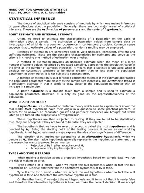 Handout 3 Statistical Inference Z And T Test Pdf Statistical