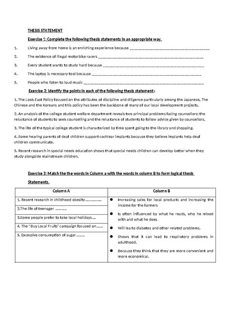 Thesis Statements Exercises Thesis Statement Exercise 1 Complete The