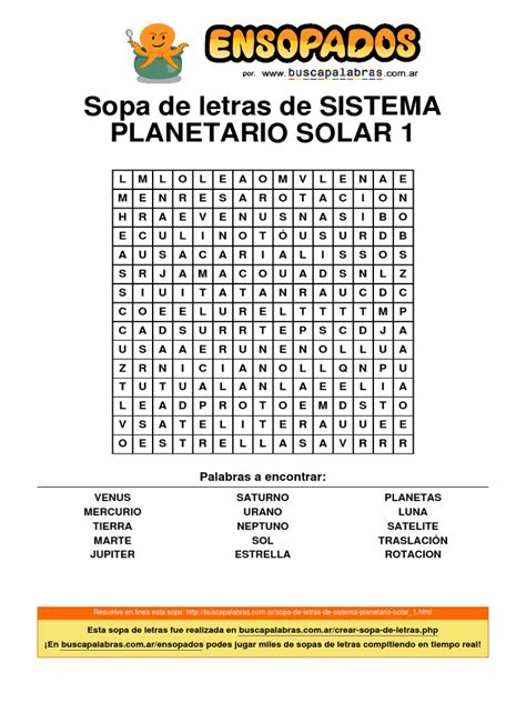 Sopa De Letras Del Sistema Solar Para La Escuela Secundaria Sopa De
