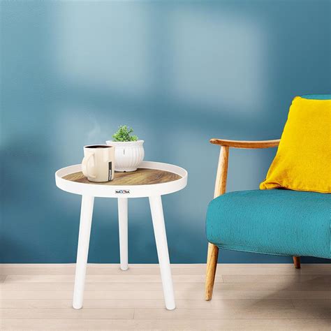 Nayasa Plastic Round Modern Side Coffee Table With An Asthetic Wooden Print White And Brown