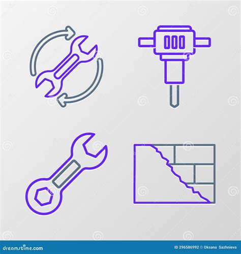 Set Line Bricks Wrench Spanner Construction Jackhammer And And Arrows As Workflow Icon Vector