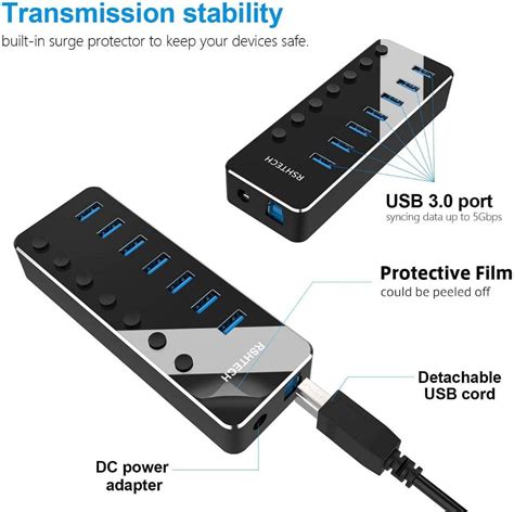 USB Hub Powered RSHTECH Port USB Data Hub Aluminum USB Extension