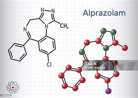 알프라졸람 분자 그것은 벤조디아제핀 완화 진정제 최면 항 경련제 활동 짧은 연기 진정제입니다 케이지에 종이 시트 강렬하고 밝은 색상에 대한 스톡 벡터 아트 및 기타 이미지