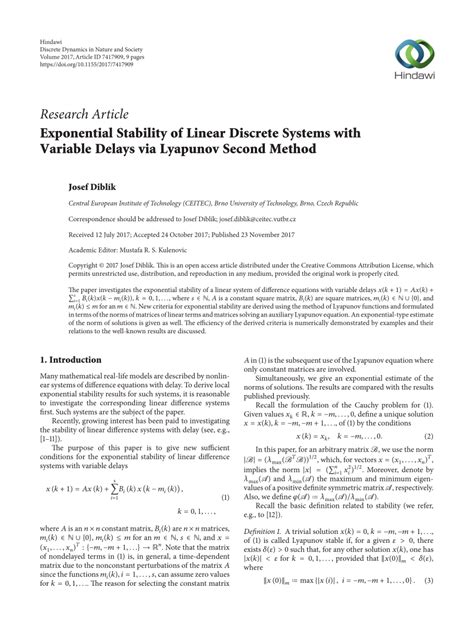 PDF Exponential Stability Of Linear Discrete Systems With Variable Delays Via Lyapunov Second