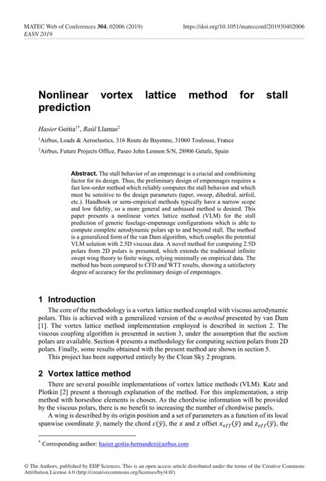 Pdf Nonlinear Vortex Lattice Method For Stall Prediction
