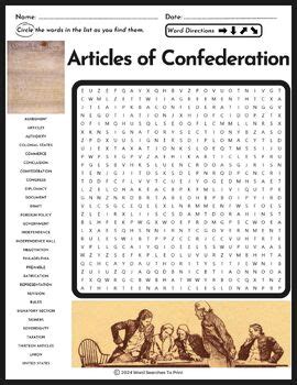 Articles Of Confederation Word Search Continental Congress American History