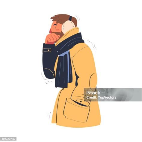 따뜻한 재킷 스카프 귀마개를 착용한 남자 겨울이나 가을 시즌에 따뜻하게 하려고 하는 남자 만화 벡터 일러스트레이션 개성 개념에