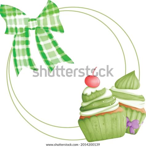 Digital Watercolor Macha Cupcake Decorated Cherry Stock Vector Royalty