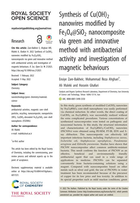 Pdf Synthesis Of Cu Oh 2 Nanowires Modified By Fe 3 O 4 Sio 2 Nanocomposite Via Green And