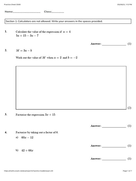 Practice Sheet 0580 Pdf Factorization Mathematical Objects