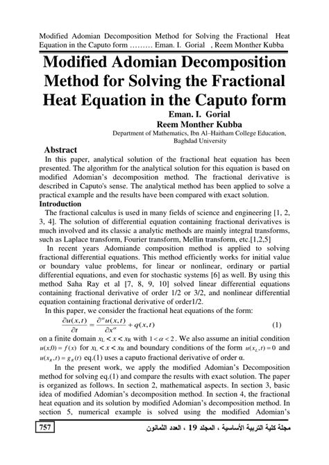 Pdf Modified Adomian Decomposition Method For Solving The Fractional Heat Equation In The