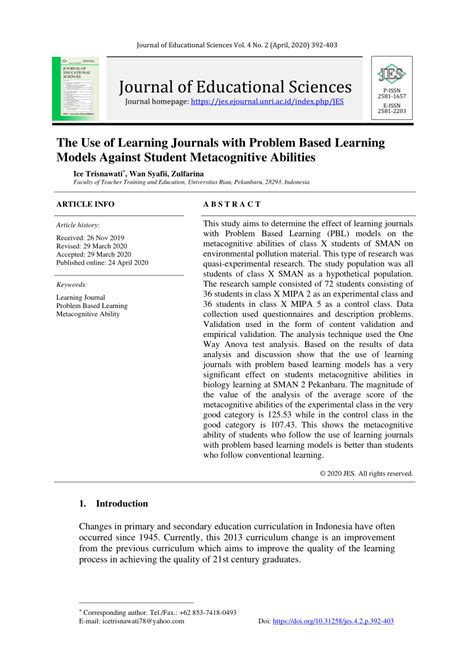 PDF The Use Of Learning Journals With Problem Based Learning Models Against Student