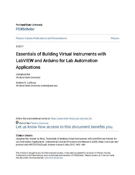 Pdf Essentials Of Building Virtual Instruments With Labview And Arduino For Lab Automation