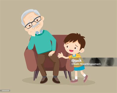 Kakeknenek Sedih Duduk Di Sofa Dengan Cucu Ilustrasi Stok Unduh