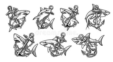 Shark And Anchor Tattoo Designs Black And White Illustration Set
