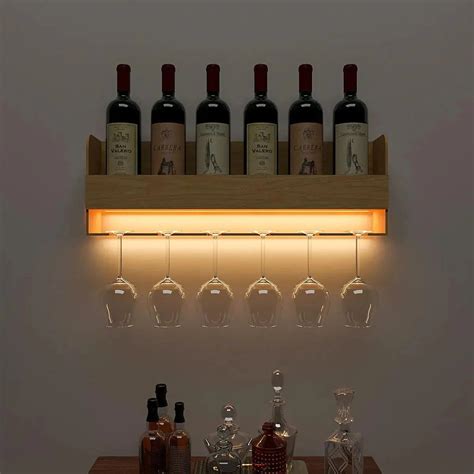 Minimalistic Design Backlit Wall Mounted Mini Bar Shelf In Light Oak F